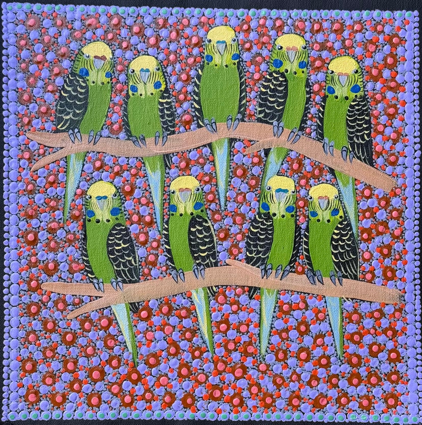 Kathleen Buzzacott Budgies Green and Purple Artwork | Small Painting ...